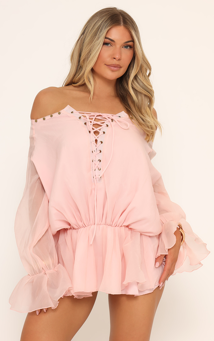 45797 Lace Up Front Flower Detail Mini Dress In Pink | EGO US | EGO