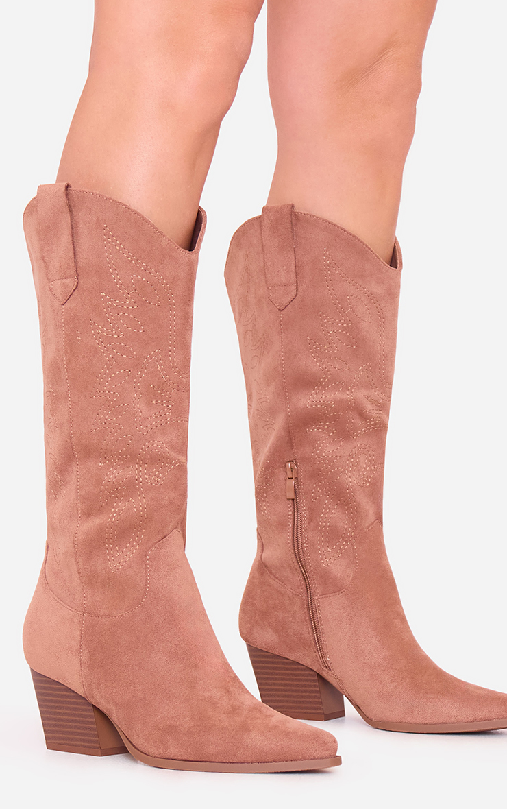 Paddle Embroidered Detail Pointed Toe Mid Calf Western Cowboy Boot In ...