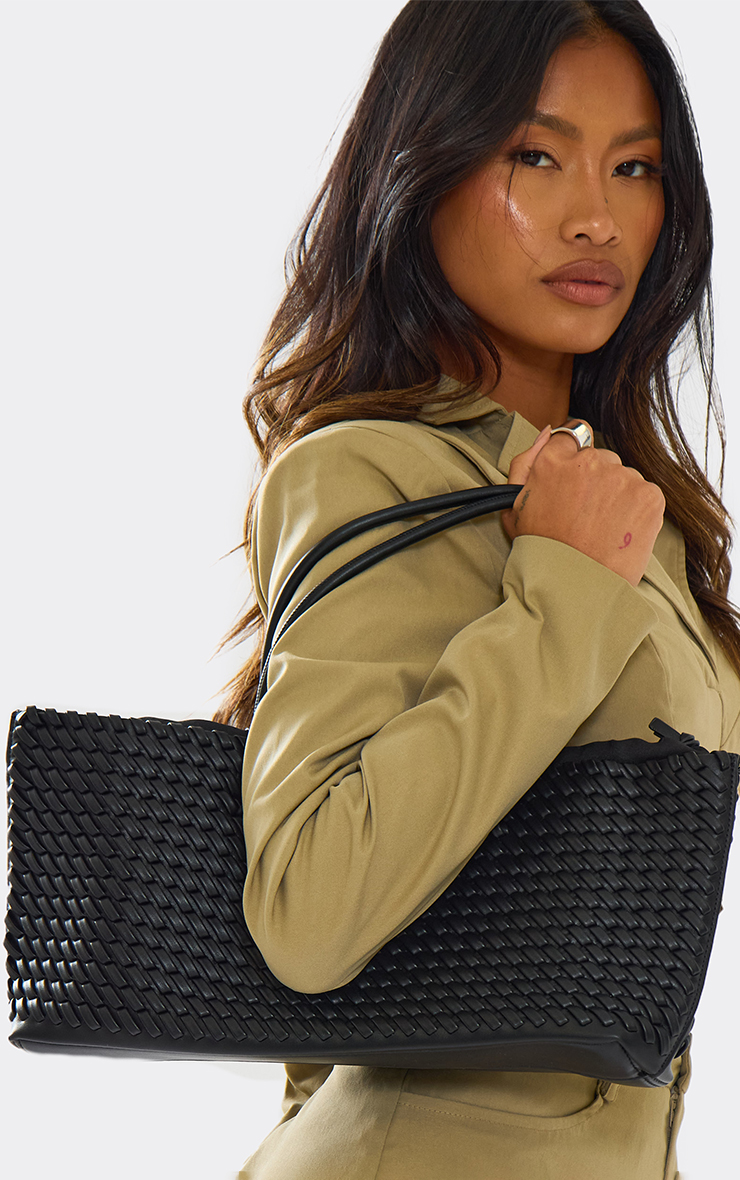 Alma Rectangle Shaped Oversized Shoulder Bag In Black Woven Faux ...
