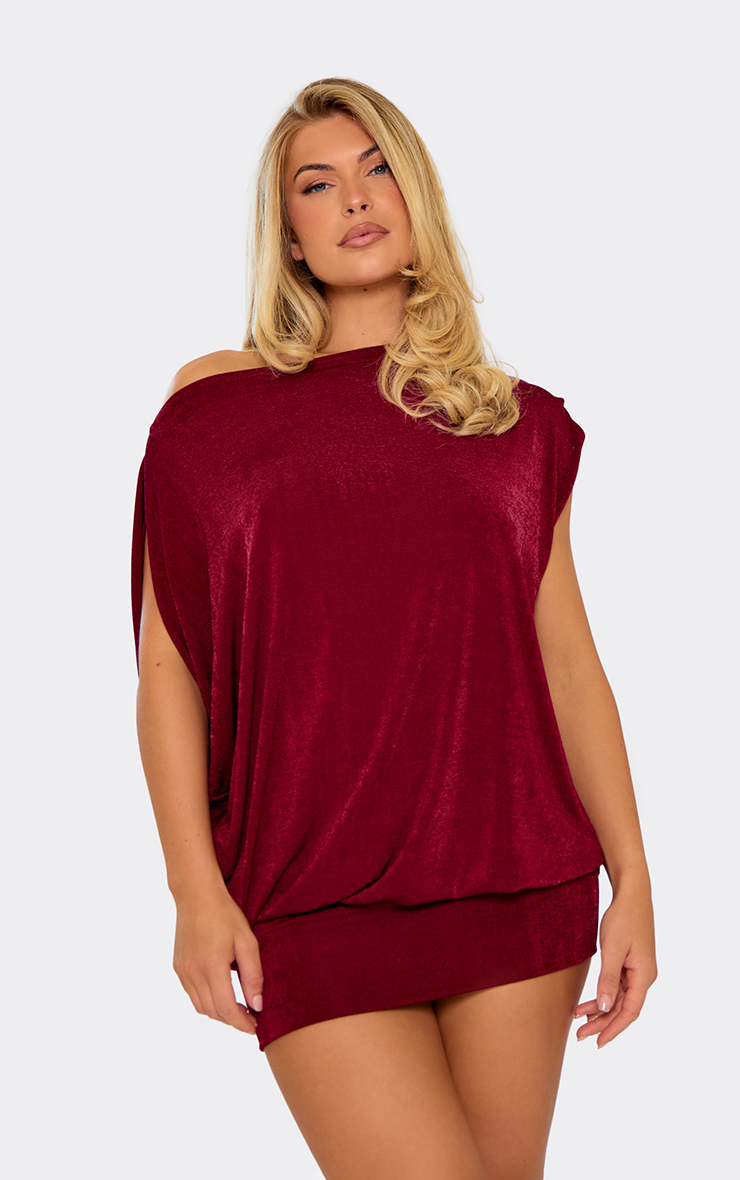 Off The Shoulder Draped Asymmetric Mini Dress In Burgundy | EGO US | EGO