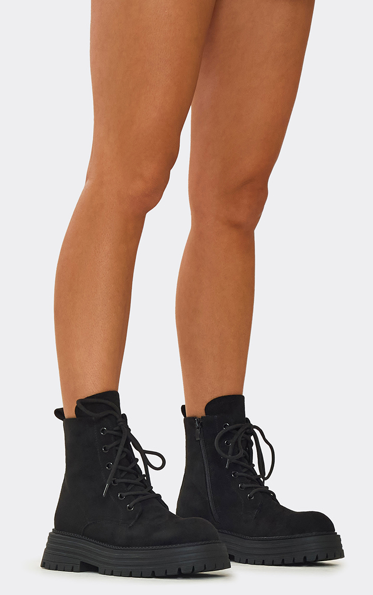 Algot Lace Up Chunky Sole Ankle Biker Boot In Black Faux Suede | EGO US ...
