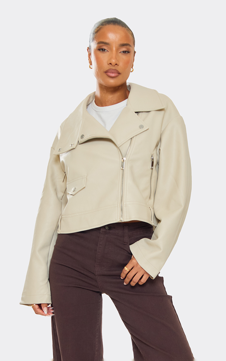 Long Sleeve Pocket Detail Cropped Biker Jacket In Stone Faux Leather ...