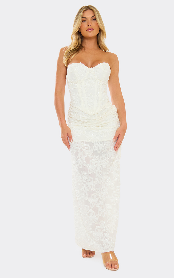 Mid Rise Fold Over Detail Maxi Skirt In Cream Textured Lace | EGO US | EGO