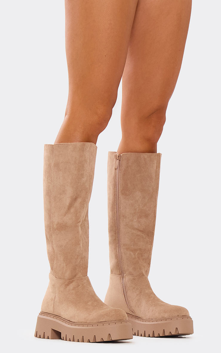 Bunny Chunky Sole Knee High Long Biker Boot In Beige Faux Suede | EGO ...