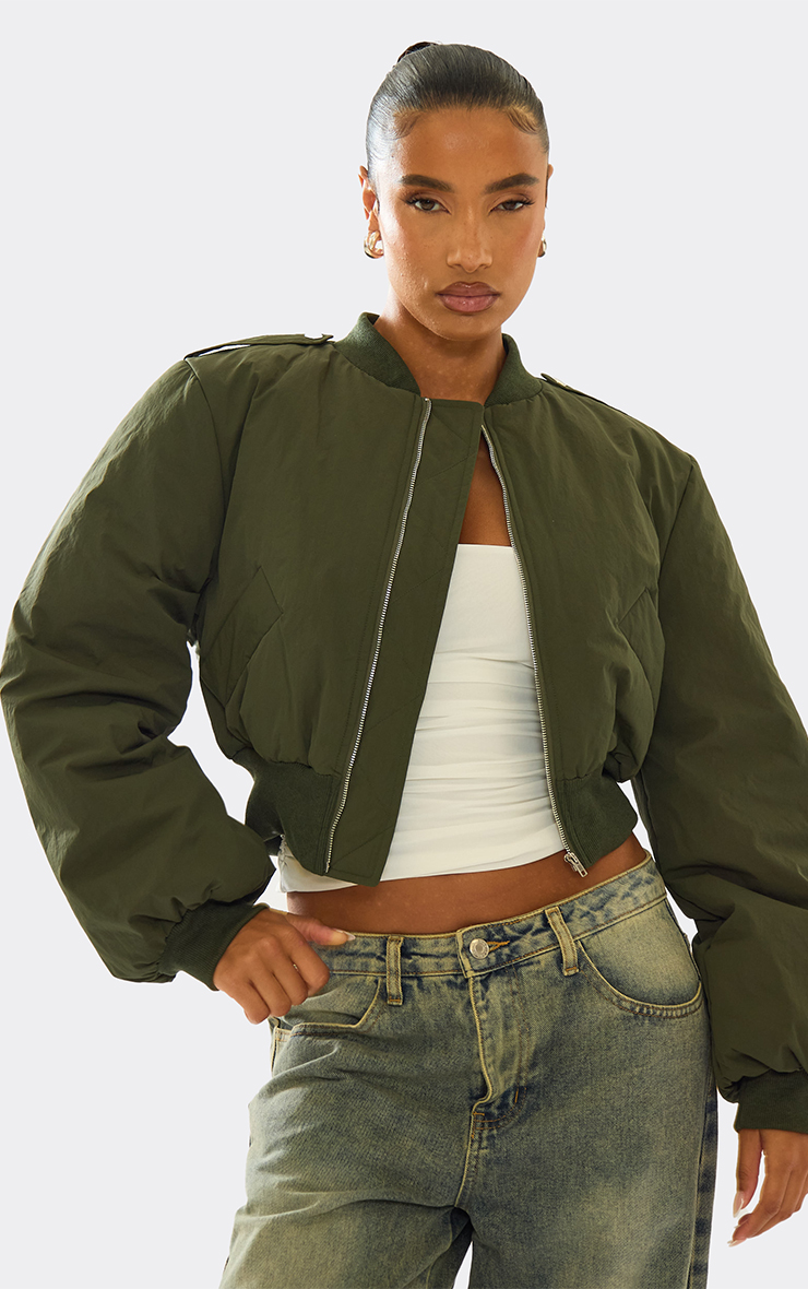 Long Sleeve Oversized Padded Crop Bomber Jacket In Khaki Green | EGO US ...