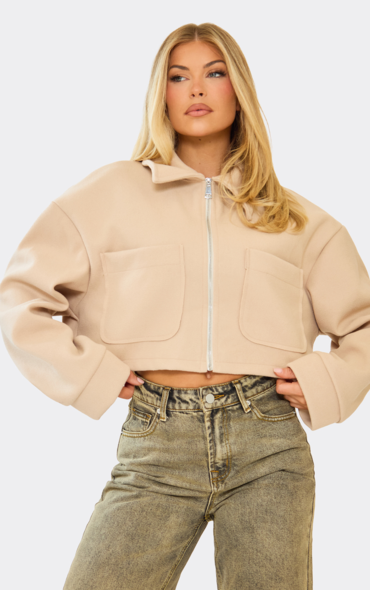Long Sleeve Zip Up Detail Cropped Biker Jacket In Stone Wool | EGO EU | EGO
