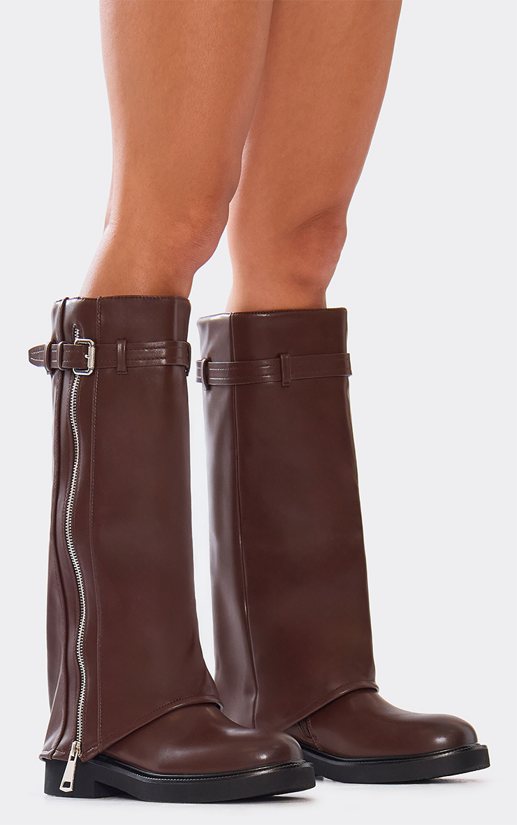 Stereo Side Zip Buckle Layered Detail Knee High Biker Boot In Brown ...