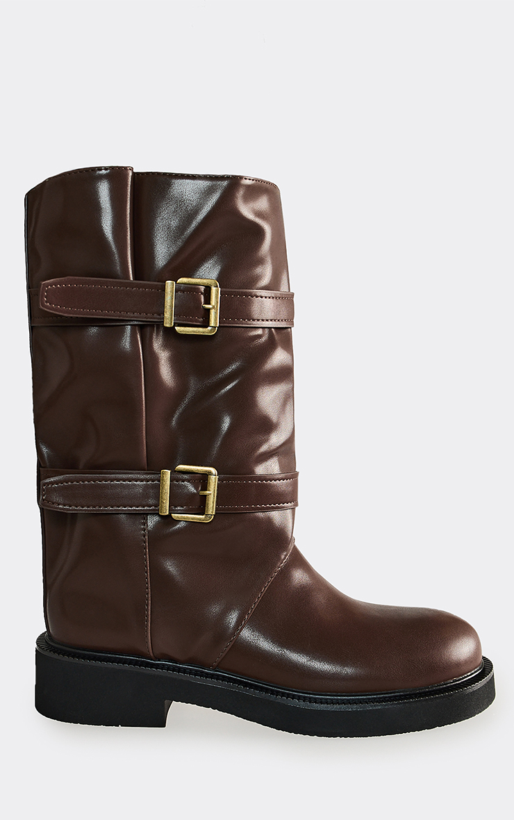 Rulez Double Buckle Mid Calf Biker Boot In Brown Faux Leather | EGO UK ...
