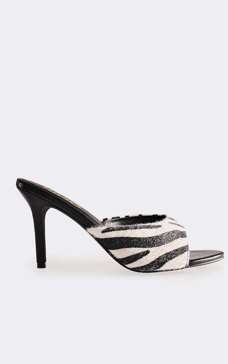 Graceful Peep Toe Stiletto Heel Mule In Zebra Print Faux Fur | EGO US | EGO