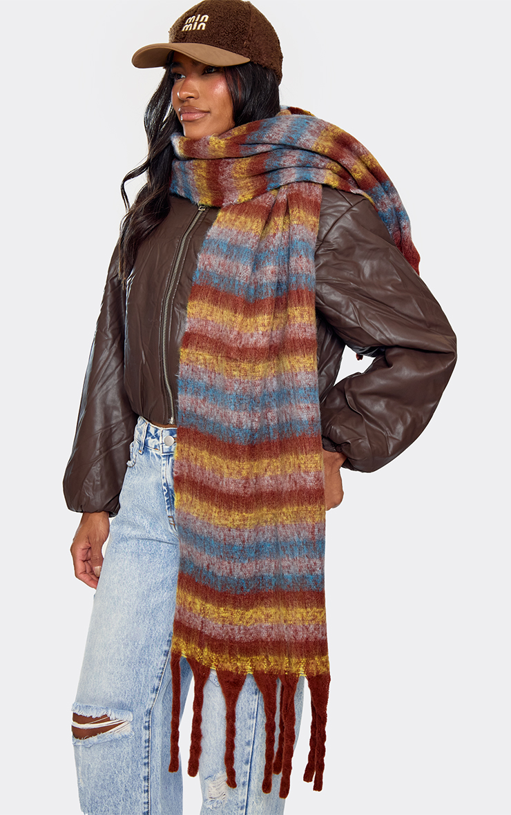 Oversized Fringe Hem Chunky Scarf In Multi Striped Print Knit | EGO EU ...