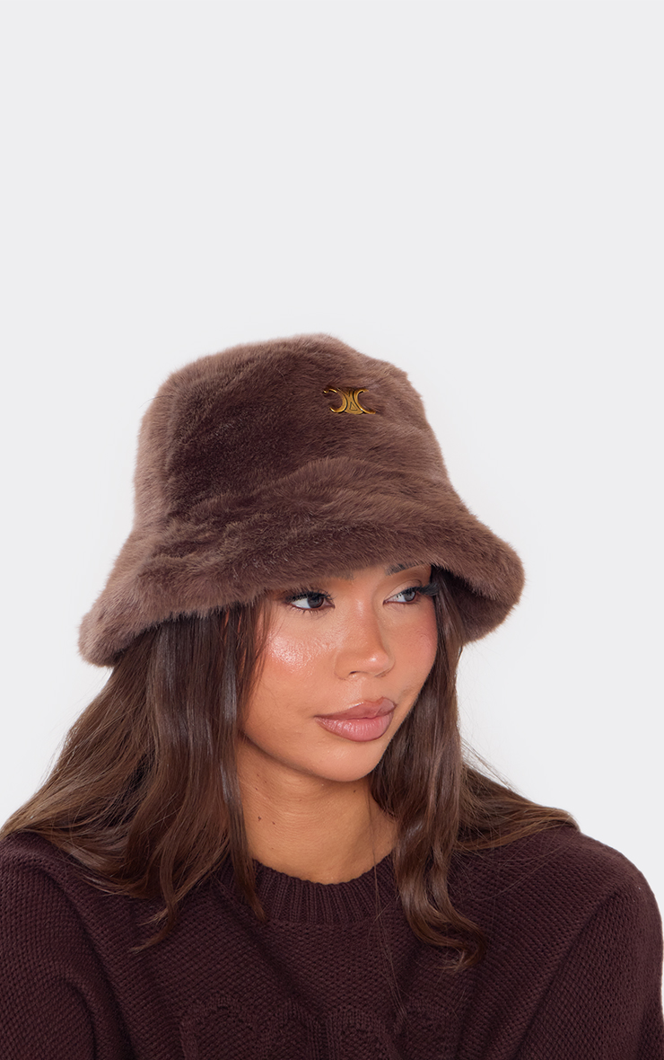 Gold Logo Detail Bucket Hat In Brown Faux Fur | EGO US | EGO