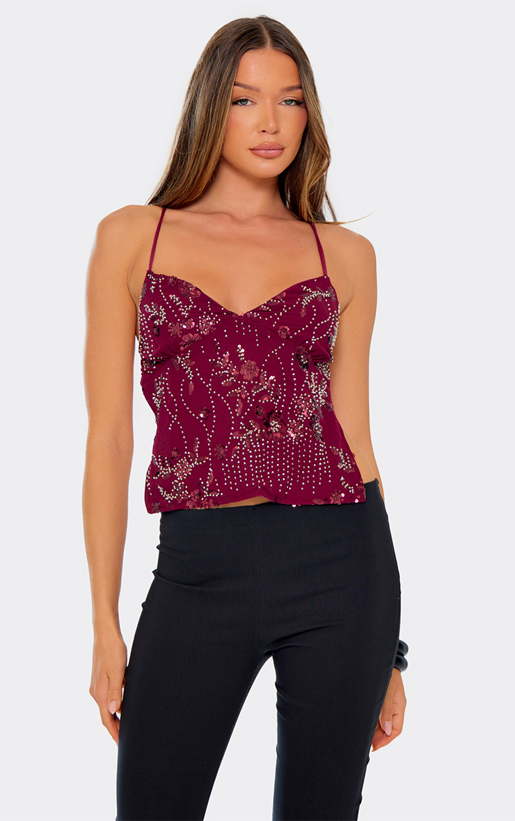 Strappy Tie Back Embellished Detail Cami Top In Plum Sequin | EGO US | EGO