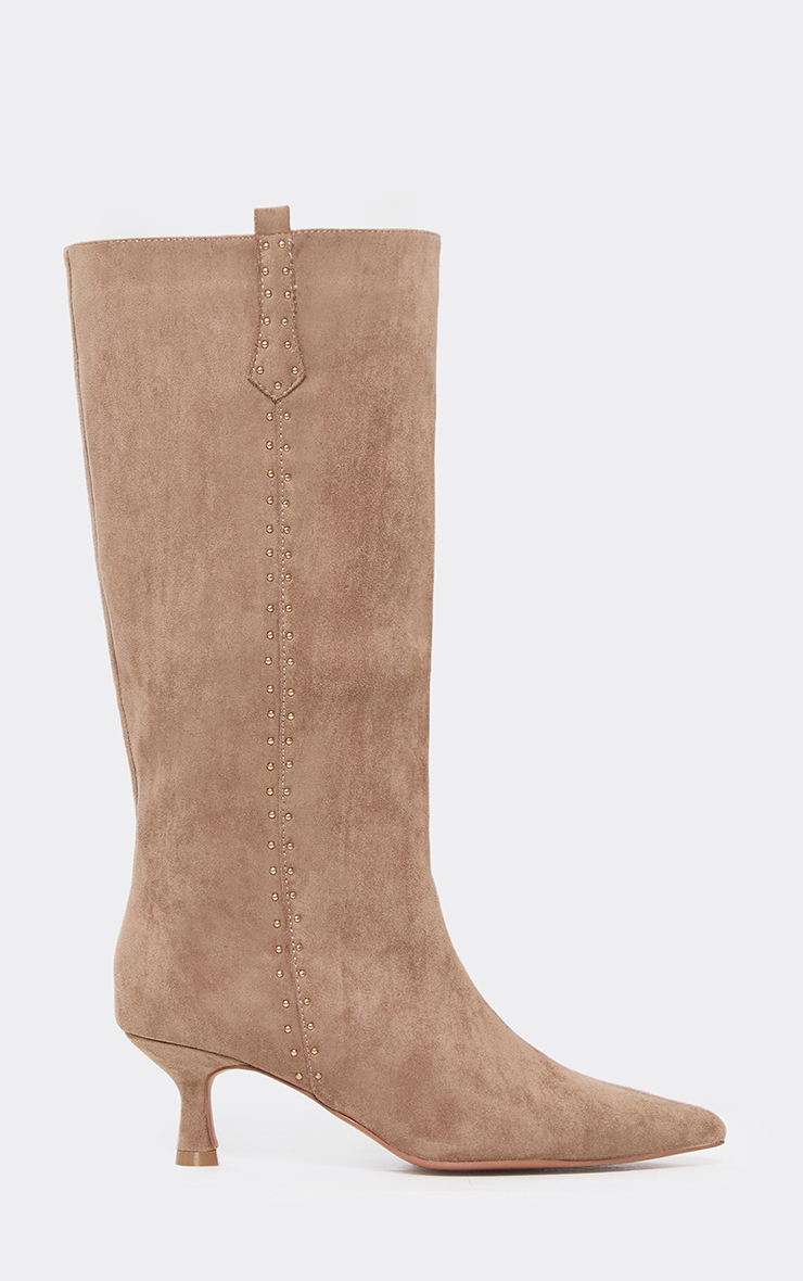 Charter Stud Detail Pointed Toe Knee High Boot In Taupe Faux Suede ...