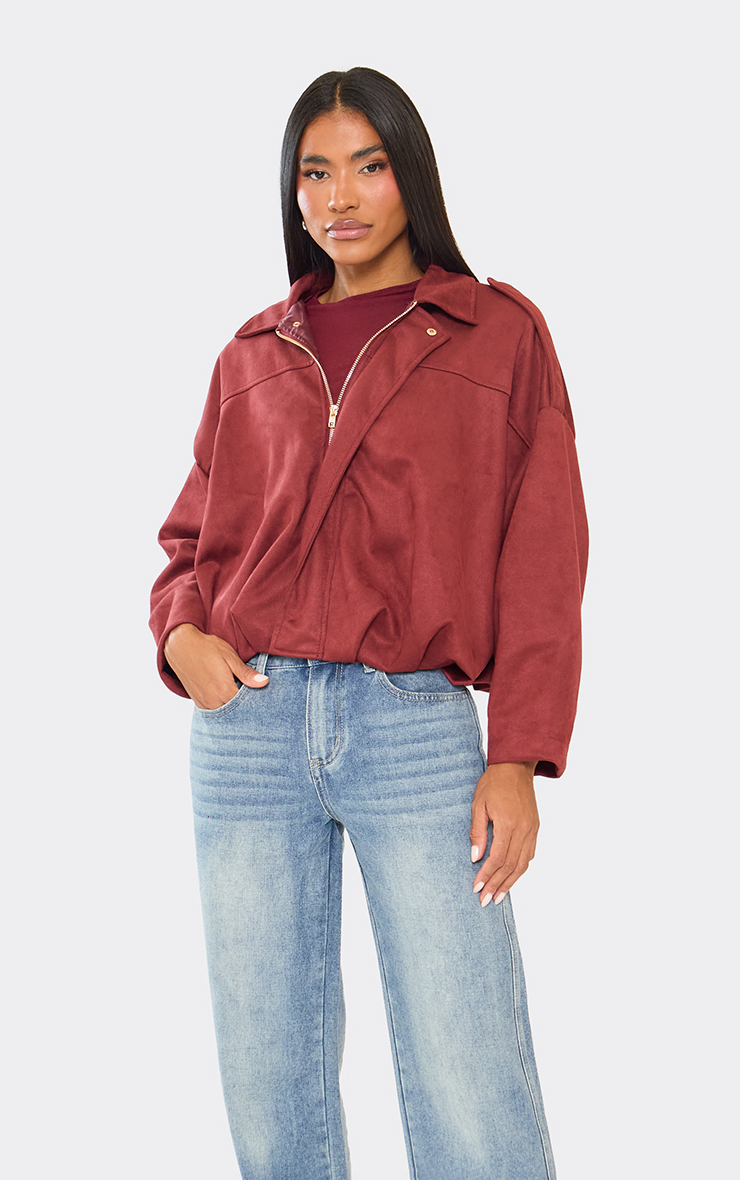 Long Sleeved Zip Front Collared Detail Bomber Jacket In Burgundy | EGO ...