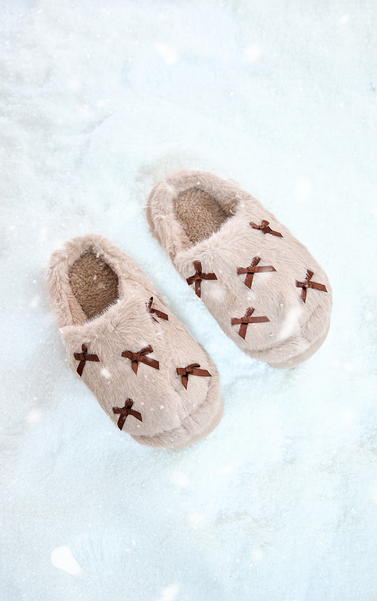 Nighttime Bow Detail Slipper In Beige Faux Fur | EGO UK | EGO