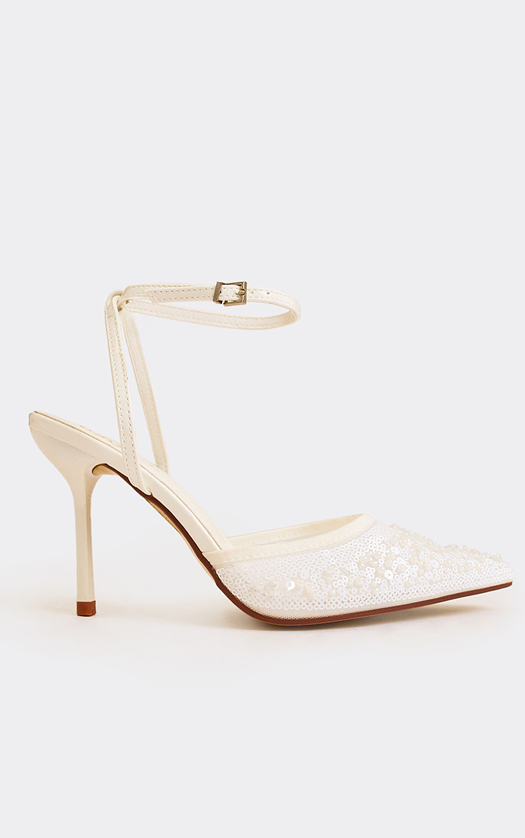 Puddle Sequin Detail Ankle Strap Pointed Toe Court Heel In White Faux ...