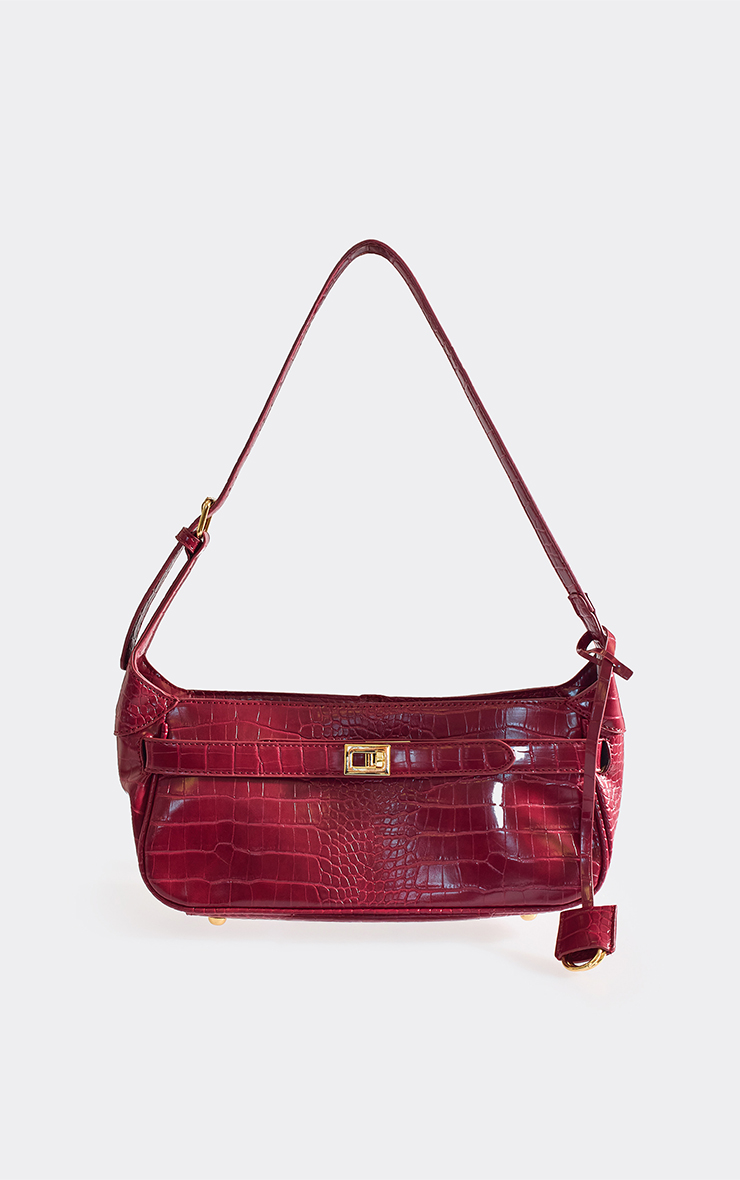Natalya Lock Detail Rectangle Shaped Shoulder Bag In Burgundy Croc ...