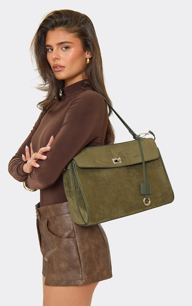 Anchor Lock Detail Tote Shoulder Bag In Khaki Faux Suede | EGO UK | EGO