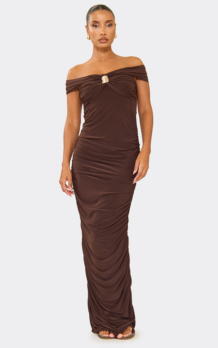 Bardot Ruched Trim Detail Maxi Dress In Chocolate Brown | EGO US | EGO