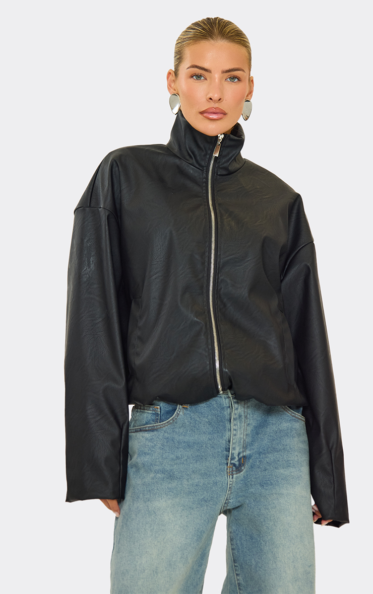 High Collar Zip Down Bomber Jacket In Black Faux Leather | EGO US | EGO