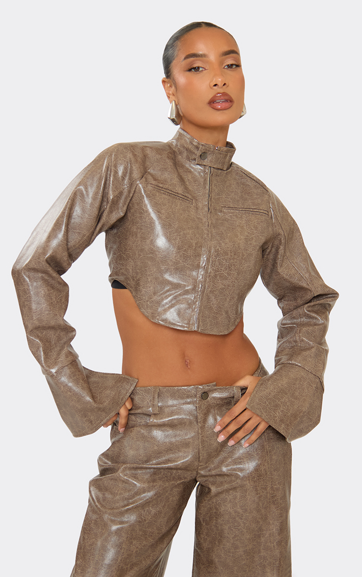 Long Sleeve Fitted Zip Up Cropped Jacket In Brown Faux Leather | EGO UK ...