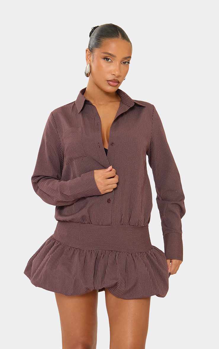 Long Sleeve Puffball Hem Shirt Dress In Chocolate Brown Pinstripe | EGO ...