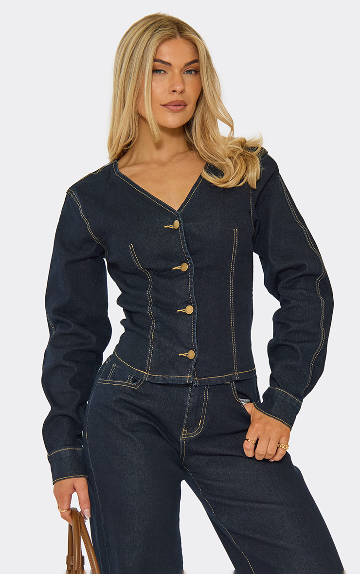 V Neck Button Down Seam Detail Fitted Jacket In Dark Indigo Denim | EGO ...