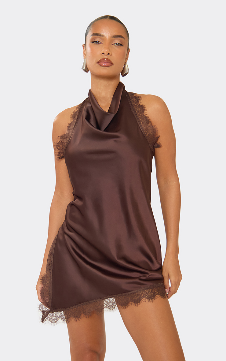 Cowl Neck Lace Trim Asymmetric Hem Mini Dress In Chocolate Brown | EGO ...