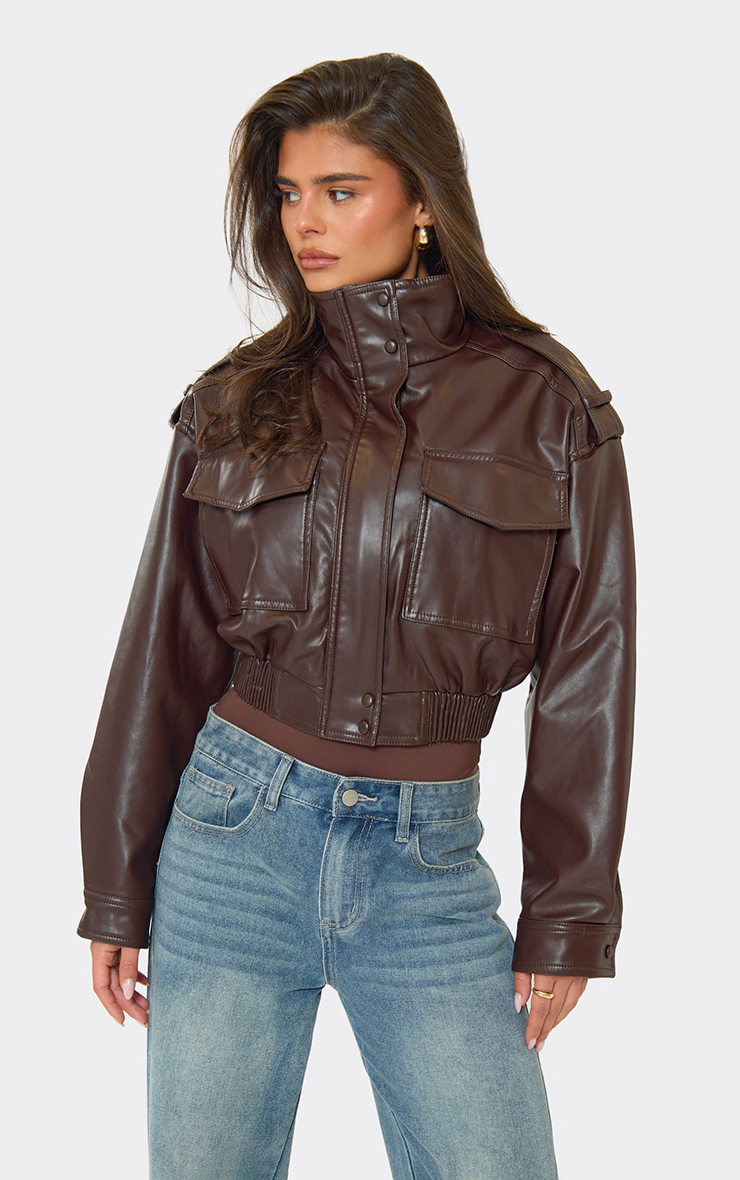 Funnel Neck Pocket Detail Cropped Jacket In Brown Faux Leather | EGO US ...