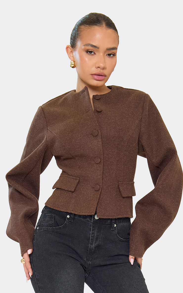 Crew Neck Button Front Wool Look Cinched Blazer In Chocolate Brown ...