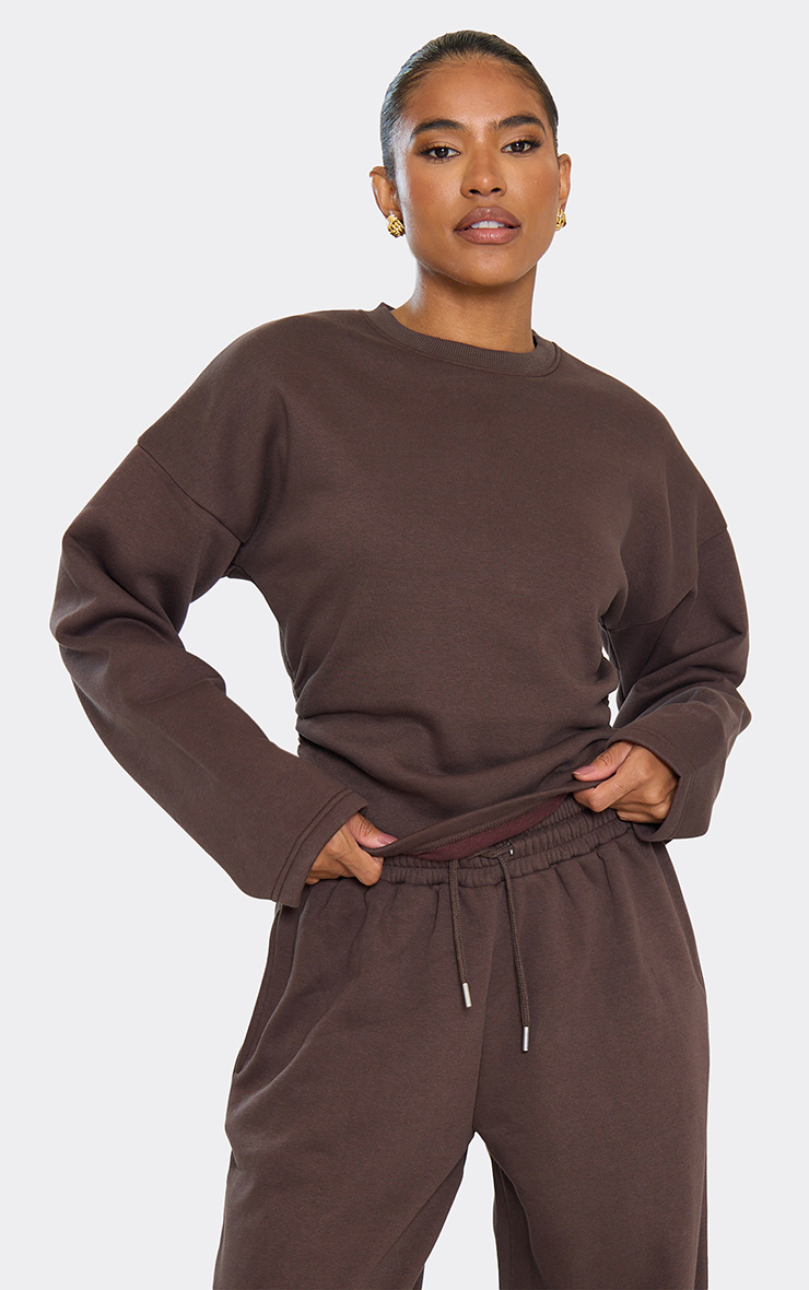 Long Sleeve Cinch Waist Detail Sweatshirt In Chocolate Brown | EGO US | EGO