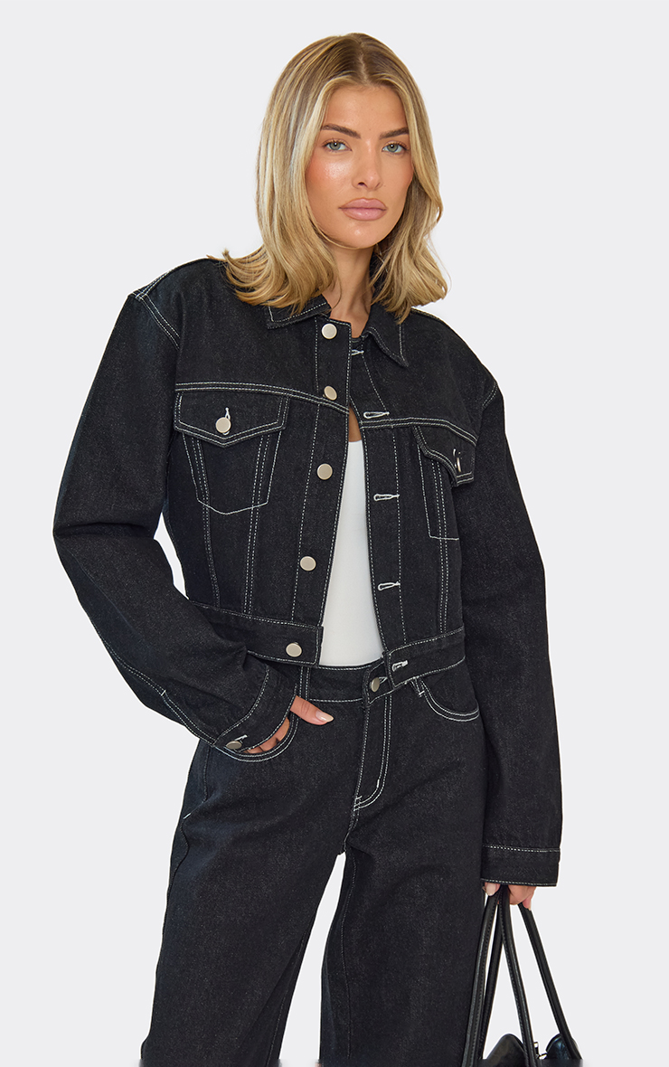 Cinched Waist Seam Detail Cropped Jacket In Black Denim | EGO US | EGO