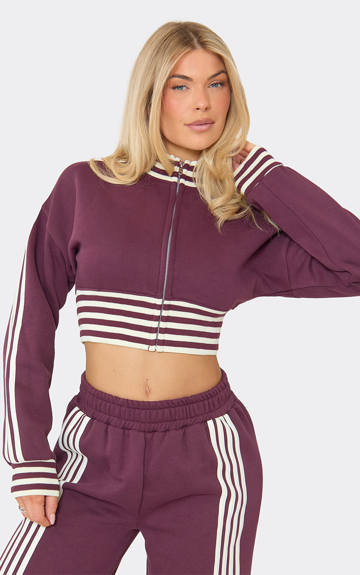 Zip Up Striped Detail Cropped Jacket In Plum | EGO US | EGO
