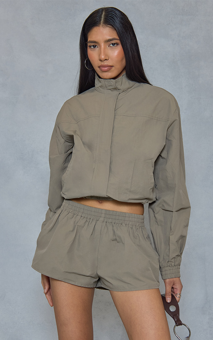 High Neck Zip Up Detail Track Jacket In Khaki Shell | EGO US | EGO