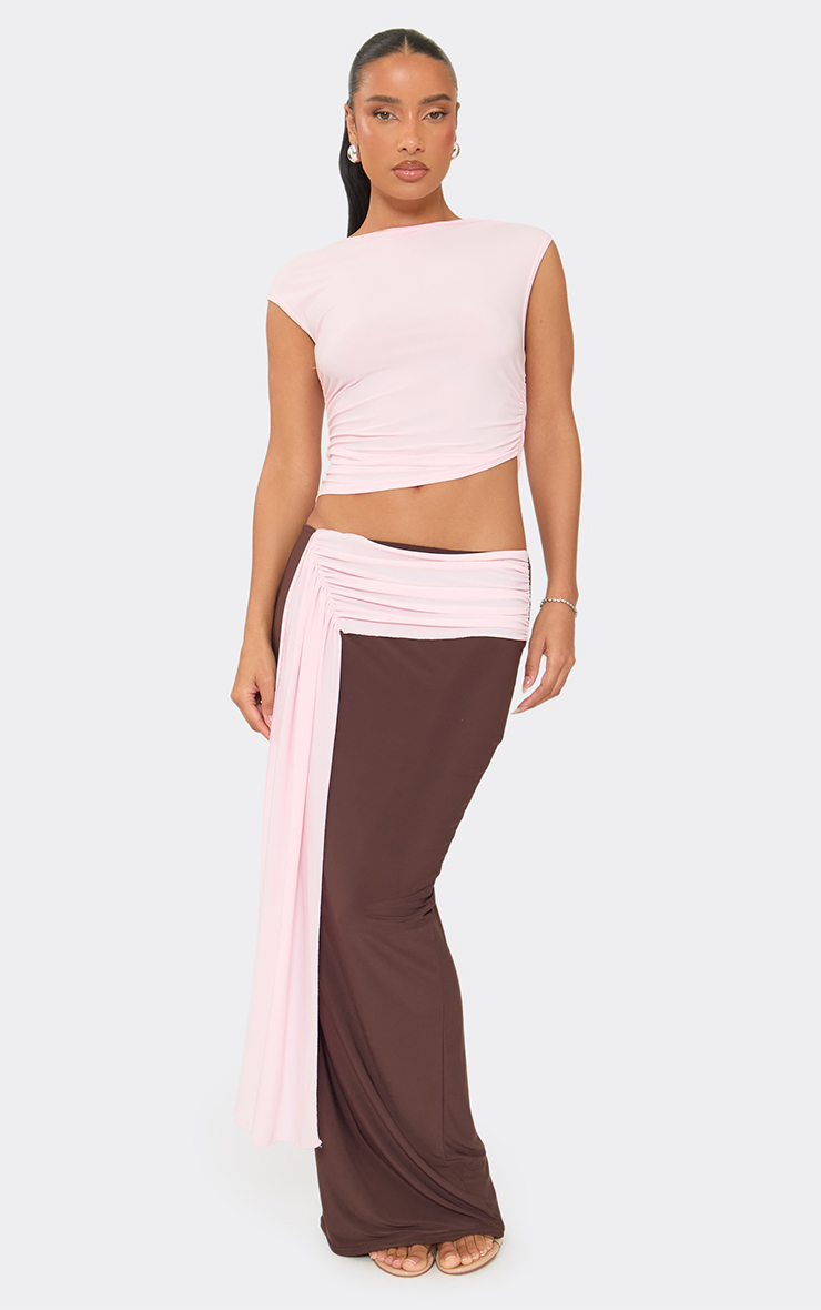 Low Rise Contrast Pink Drape Maxi Skirt In Chocolate Brown | EGO US | EGO