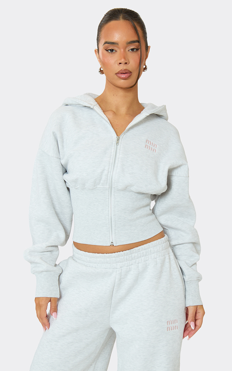 Cinched Waist Zip Up Min Min Embroidered Detail Jacket In Light Grey ...