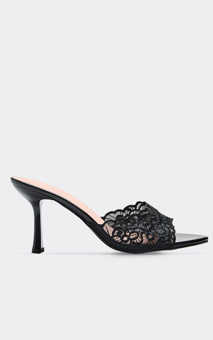 Wren Lace Detail Pointed Peep Toe Heeled Mule In Black Patent | EGO UK ...