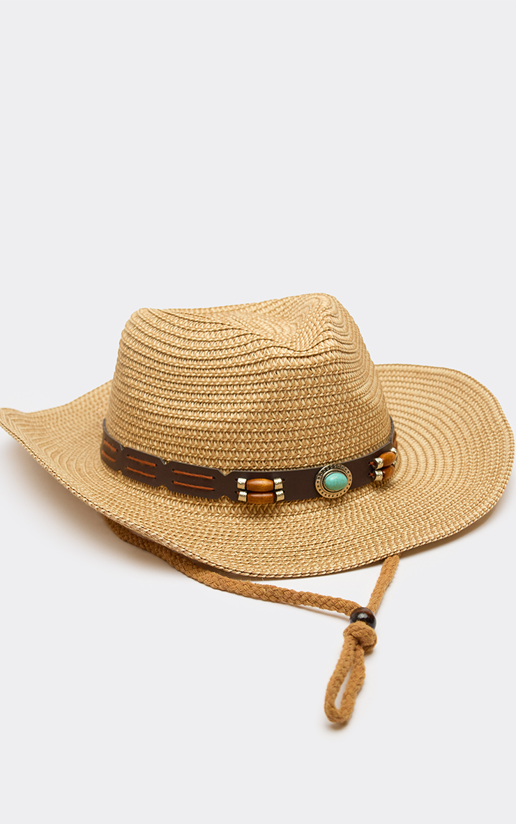 Beaded Stone Detail Western Cowboy Hat In Beige Woven | EGO UK | EGO