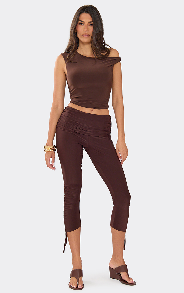 Mid Rise Fold Over Waist Tie Side Capri Trousers In Chocolate Brown ...