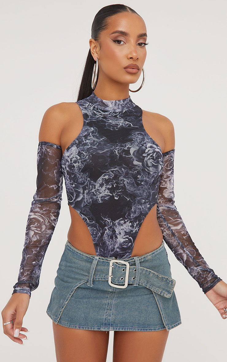High Neck Extreme High Rise Bodysuit With Sleeves In Grey Printed Mesh ...