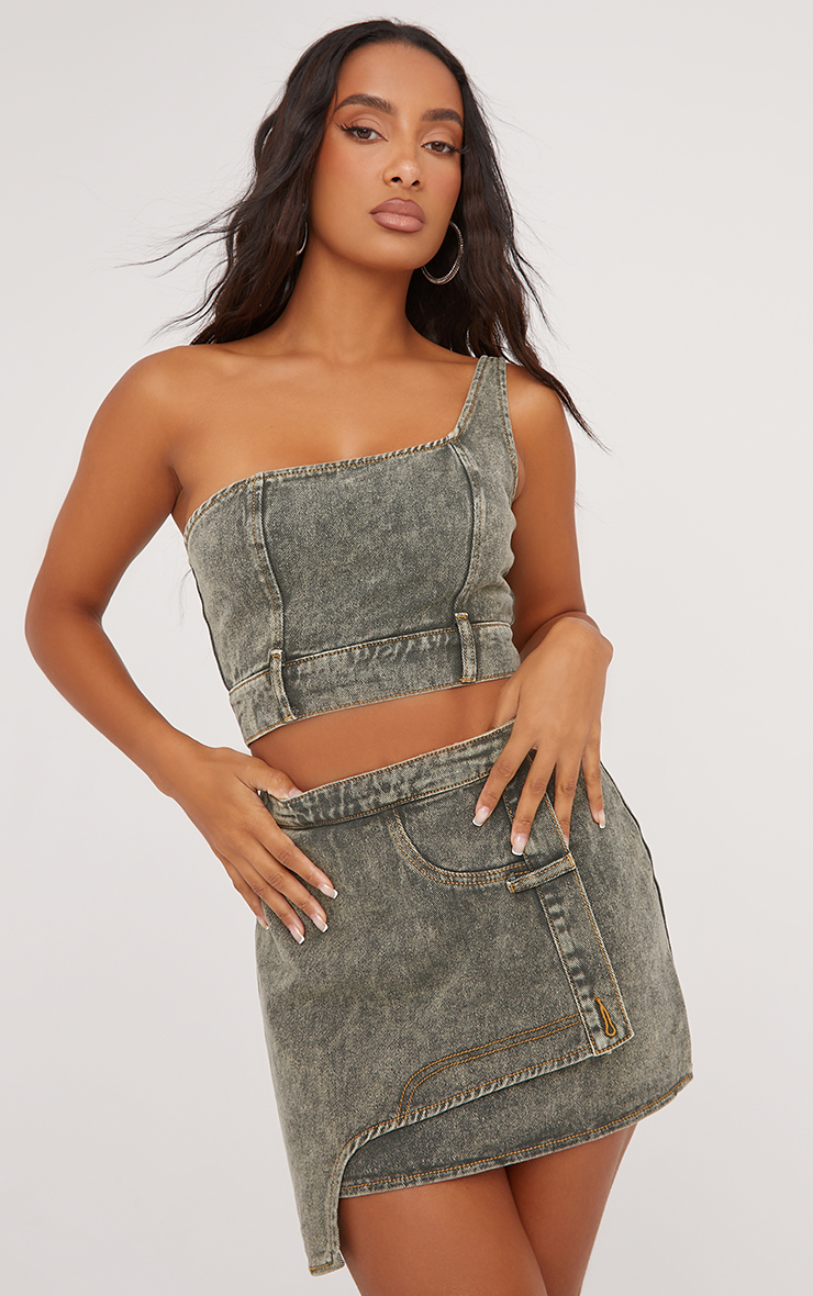 One Shoulder Reworked Look Crop Top In Washed Grey Denim | EGO EU | EGO