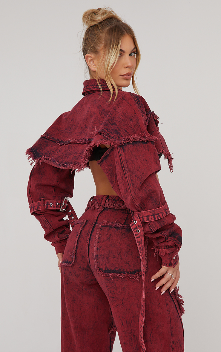 Buckle Detail Frayed Extreme Cropped Jacket In Washed Red Denim | EGO ...