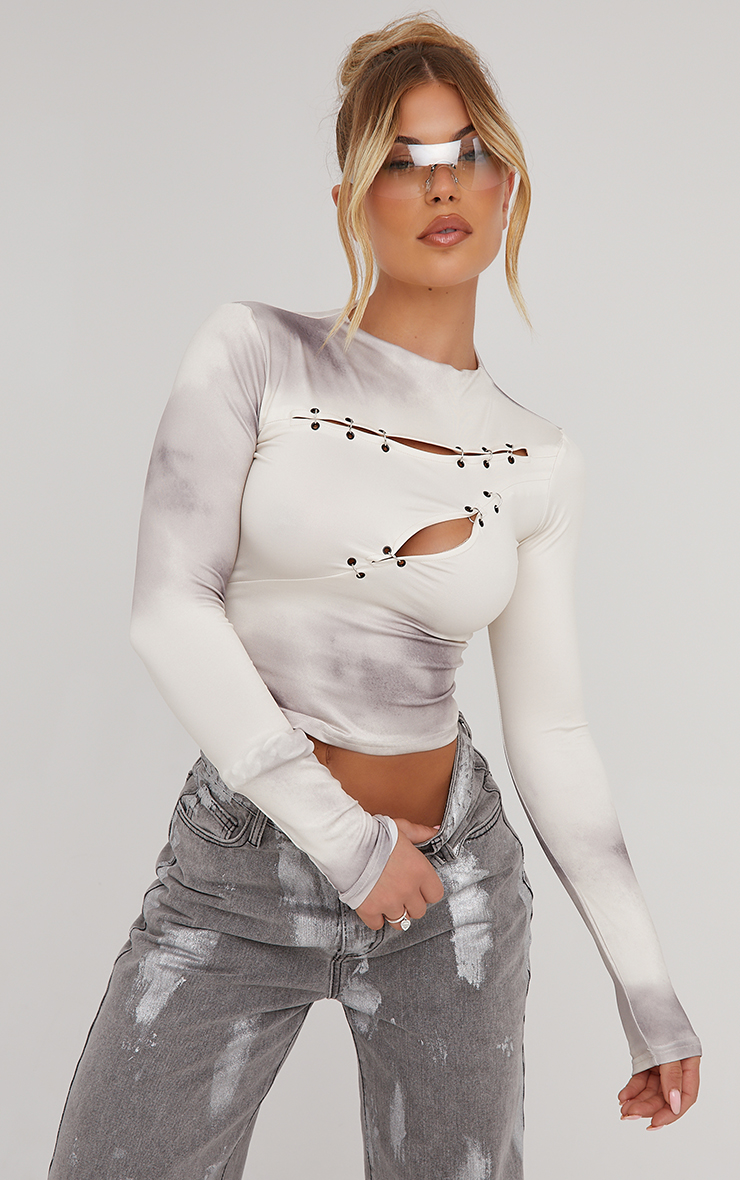 Long Sleeve High Neck Slash Front Ring Detail Top In Acid Wash Cream ...