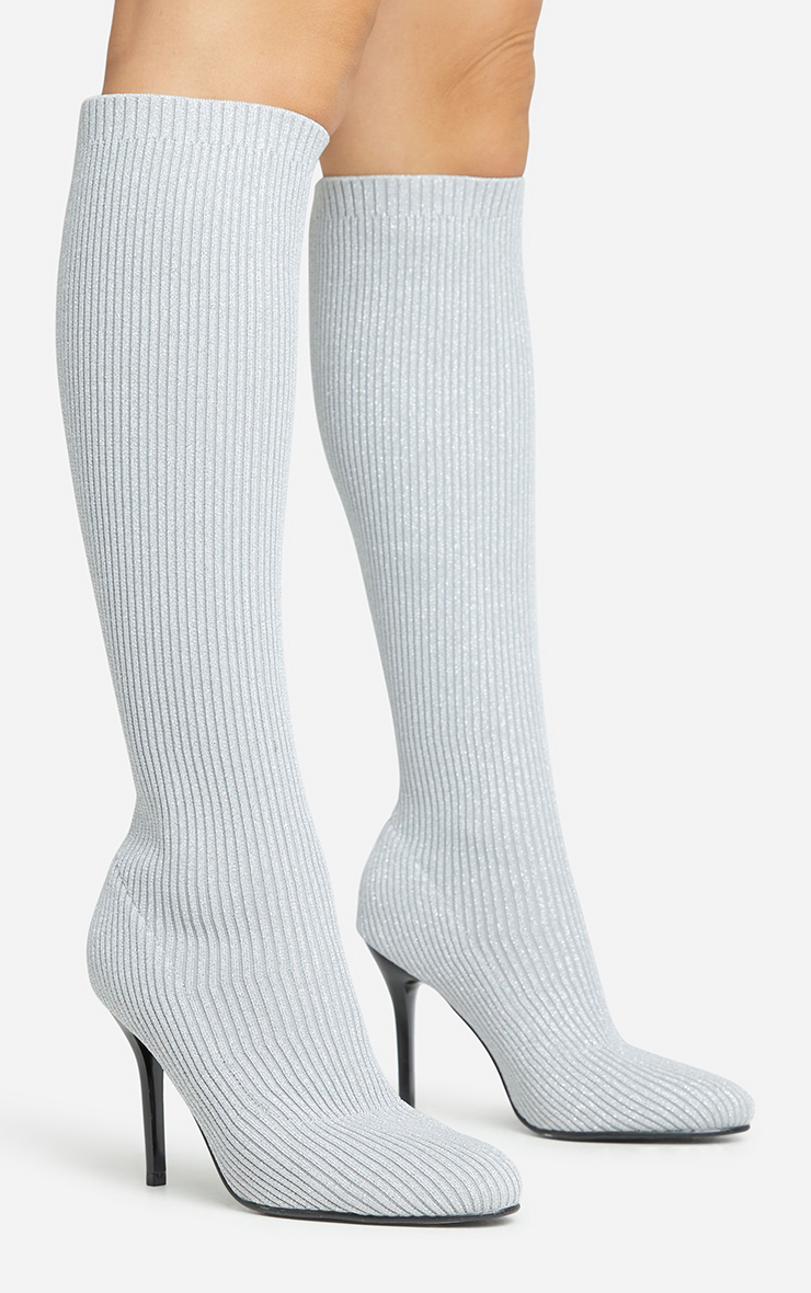 Isabelle Stiletto Heel Knee High Long Sock Boot In Silver Metallic Knit ...