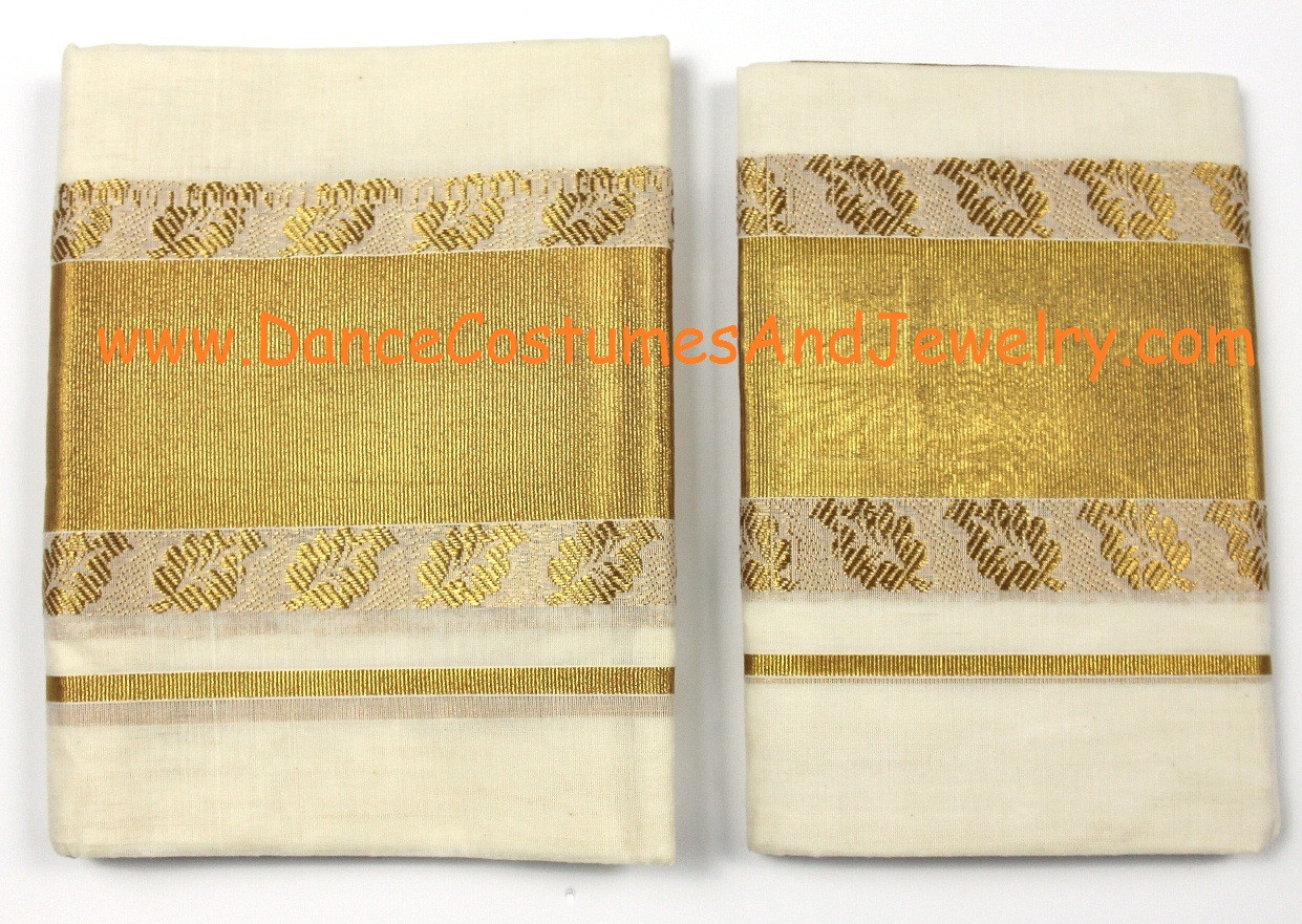 Kerala Set Mundu with 6 inch leaf design kasavu pallu for women