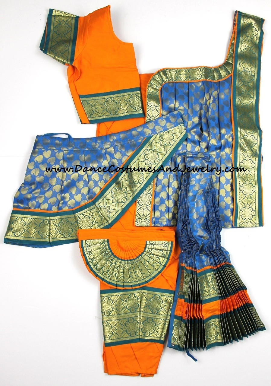 Bharatanatyam designer costume ready-made art silk OrgBlu38