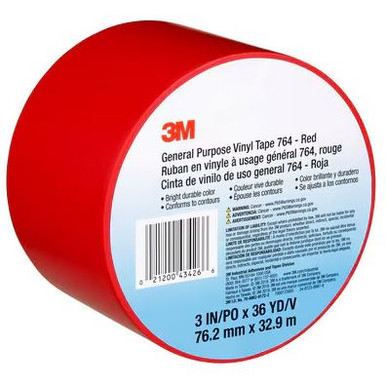3M™ General Purpose Vinyl Tape 764, Red, 3 in x 36 yd, 5 mil