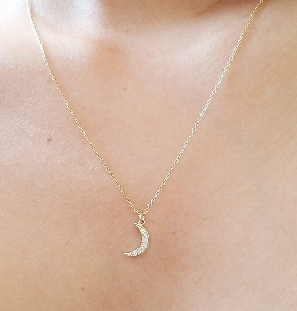 14K gold diamond moon necklace