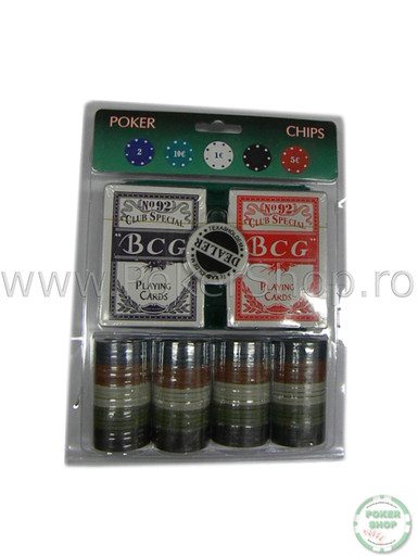 Set de poker de 100 de jetoane din plastic cu valoare inscriptionata