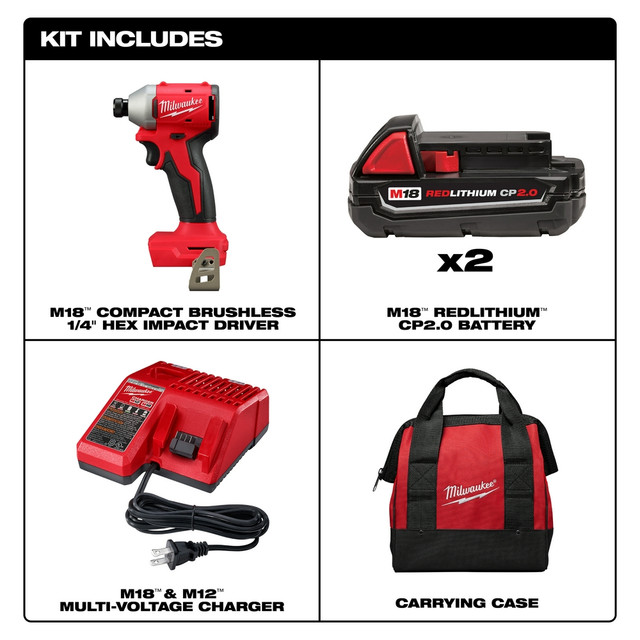 Milwaukee 3650-22CT - M18 Compact Brushless 1/4" Hex Impact Driver Kit ...